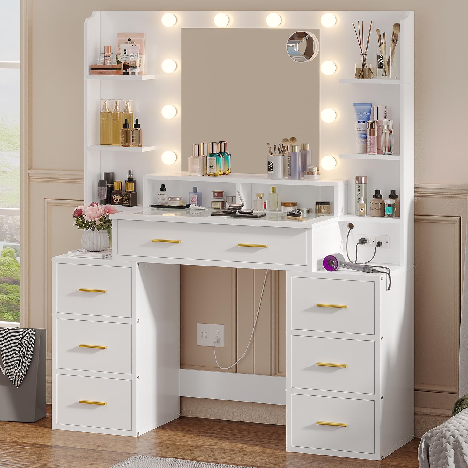 BTHFST Glass Top Vanity Desk with Mirror and Lights, Makeup Vanity with Lights, Charging Station and 10x Magnifying Mirror, Large Vanity Table with 8 Drawers, Acrylic Dividers and Shelves, White