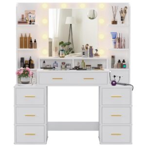 BTHFST Glass Top Vanity Desk with Mirror and Lights, Makeup Vanity with Lights, Charging Station and 10x Magnifying Mirror, Large Vanity Table with 8 Drawers, Acrylic Dividers and Shelves, White