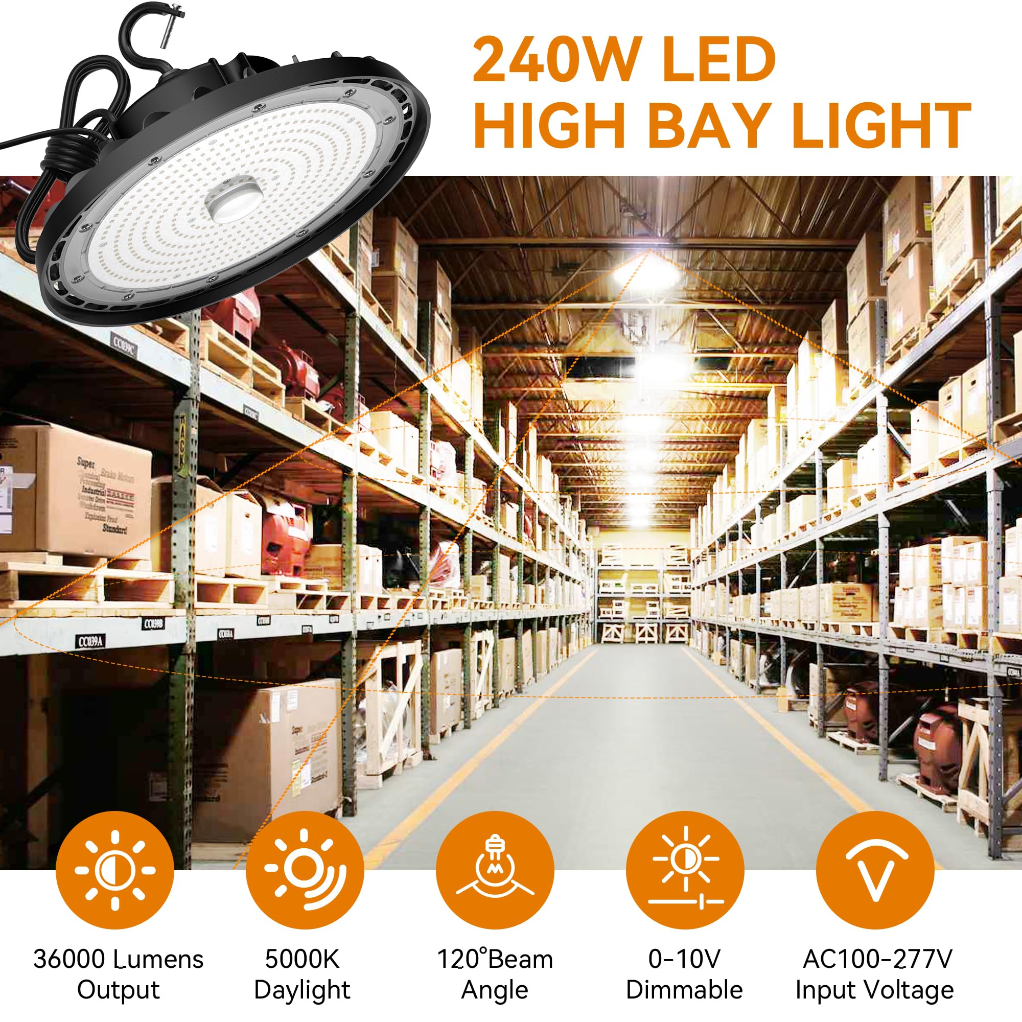 SHINEWOO UFO LED High Bay Light 240W 36,000lm 5000K Daylight, High Bay LED Shop Light 0-10V Dimmable with US Plug 5’ Cable, Commercial LED Warehouse Lights, Factory Area Lighting Fixture, 2PCS