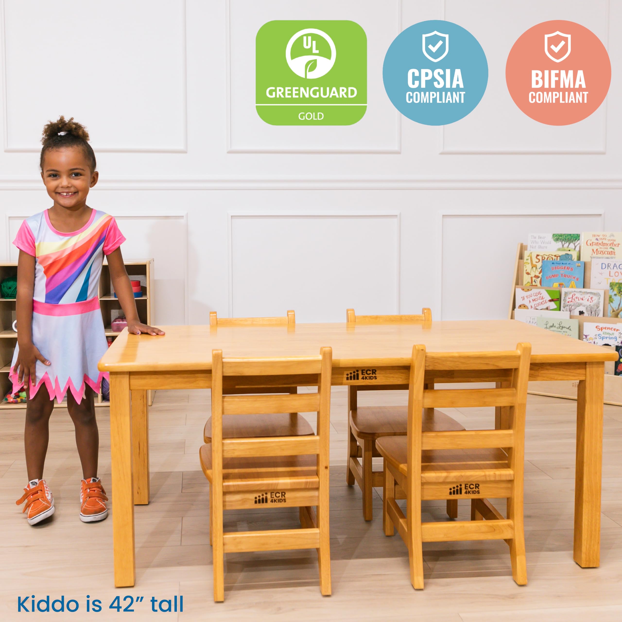 ECR4Kids 24in x 48in Rectangular Hardwood Table with 20in Legs and Four 10in Chair, Kids Furniture, Honey