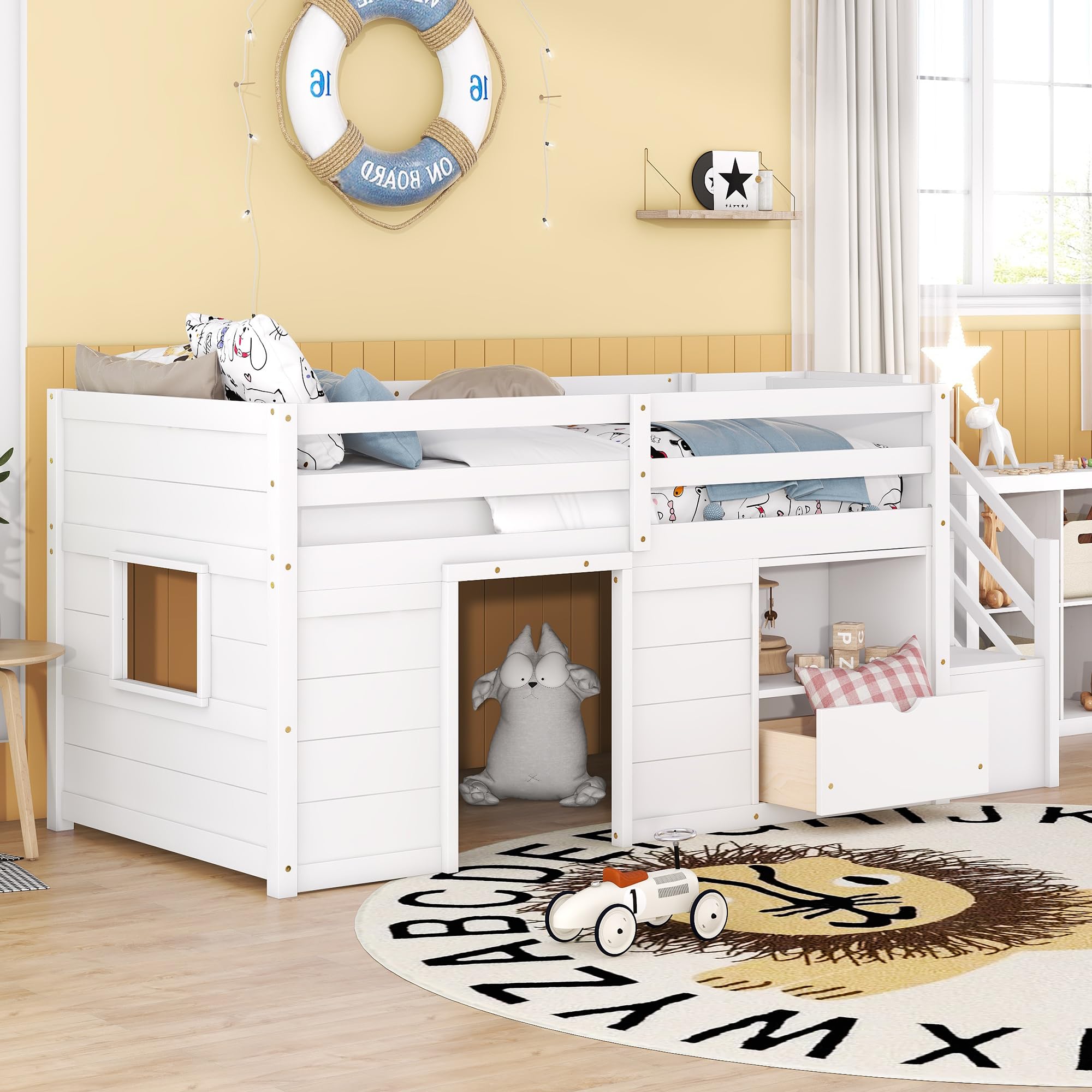 Harper & Bright Designs Twin Size Low Loft Bed with Storage,Wood Kids Loft Bed with Stairs,Loft Bed Twin with Shelf and Drawer Underneath,Space-Saving Twin Bed for Girls Boys,White