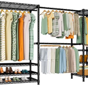 Ulif E11 Heavy-Duty Garment Rack, Metal Freestanding Clothes Rack and Closet Storage Organizer System with 8 Shelves and 4 Hanger Rods, (73.2 - 97.6)"W x 14.5"D x 71.2"H, Load 962 LBS, Black