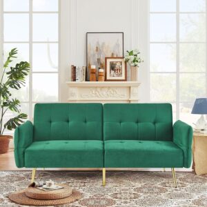 anwick velvet convertible futon sofa bed, memory foam futon couch sleeper sofa, modern loveseat sofa with adjustable backrest and armrests for home living room office (green)