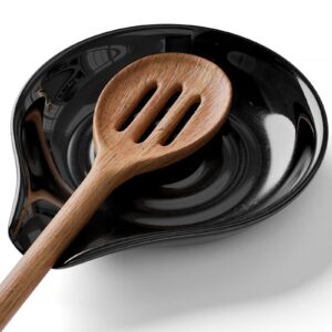 ceramic spoon rest - 5 inch black spoon holder for kitchen counter - perfect for spoons, ladles, tongs, spatulas, and utensils