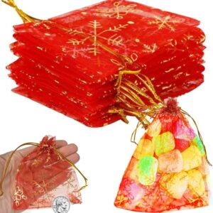 TEXASDELUXE Red Gold Snowflake Small Organza Bags with Drawstring 2x3 40 pack Tiny Small Drawstring Bags 2x3 for Party Wedding Goodies Candies & Jewelry Small Mesh Bags Drawstring 2x3