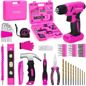 64pcs pink tool set with cordless drill, 8v power drill and pink tool kit for women, 3/8"keyless chuck electric screwdriver driver kit for home diy and repair, usb charger and storage box included