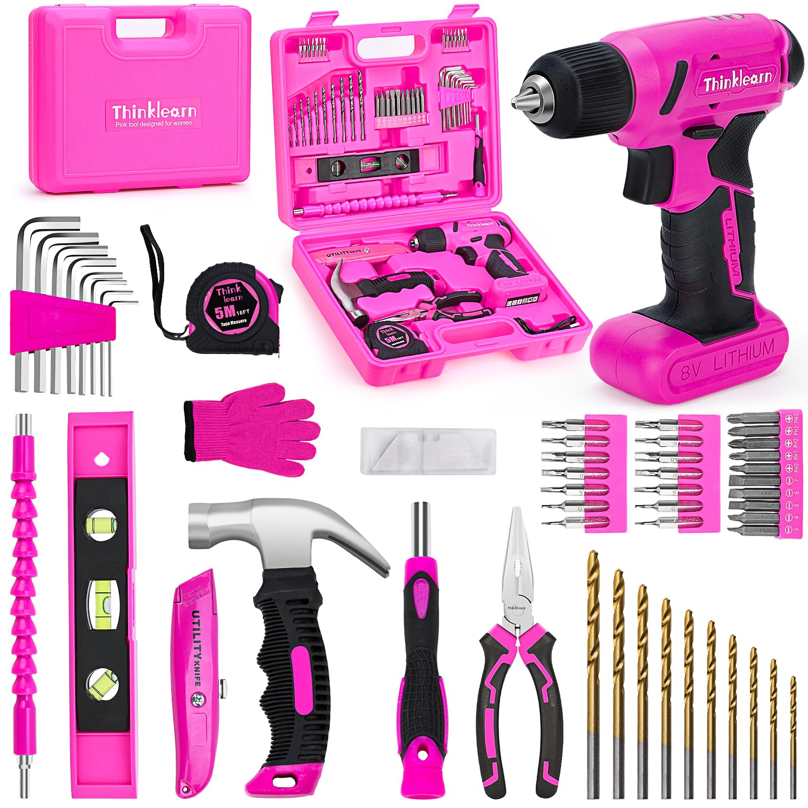 64PCS Pink Tool Set with Cordless Drill, 8V Power Drill and Pink Tool Kit for Women, 3/8"Keyless Chuck Electric Screwdriver Driver Kit for Home DIY and Repair, USB Charger and Storage Box Included