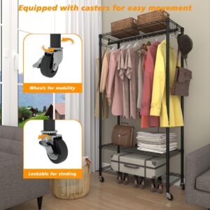 Serxis Rolling Portable Garment Rack,Freestanding Clothes Racks, Portable Closet Wardrobe with 3 Adjustable Wire shelves,2 Side Hooks, Black