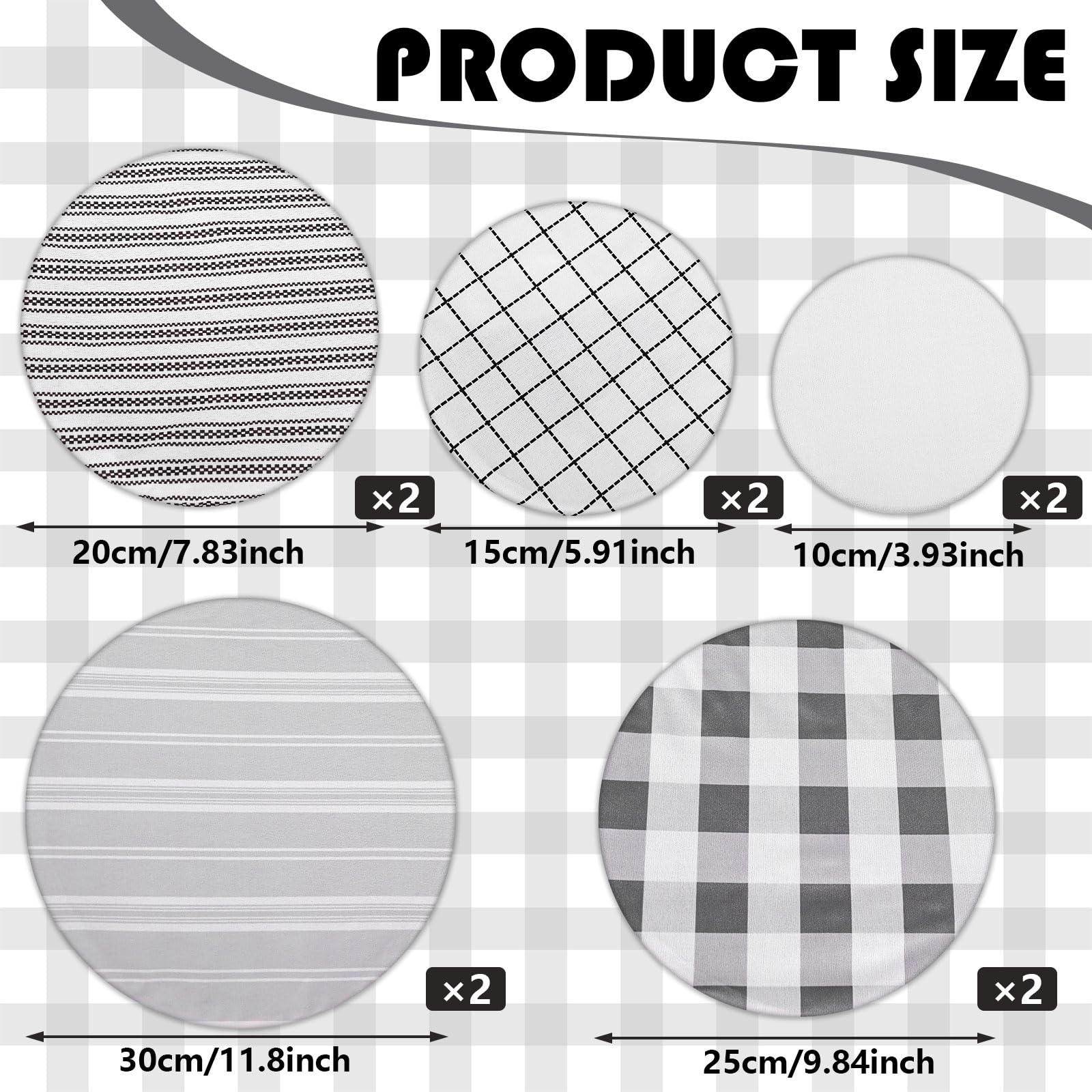 Whaline 10Pcs Bowl Covers Reusable In 5 Size Stretch Cloth Fabric Dish Cover Farmhouse Plaid Gray Ticking Stripe Lids for Food Fruits Leftover Storage