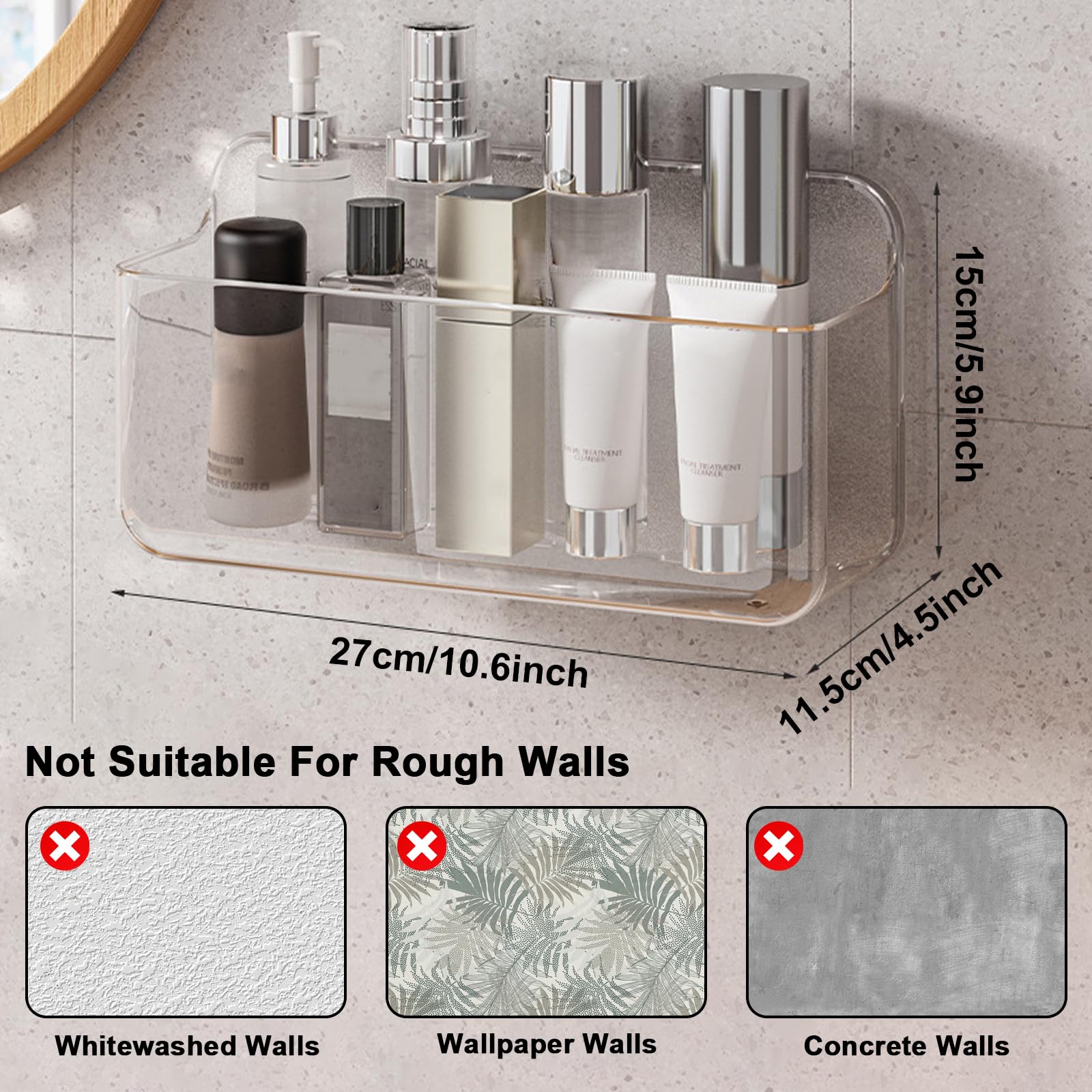 Diesisa Acrylic Wall Mount Organizer, Self Adhesive Organizer for Wall, Shower Caddies Organizer, Adhesive Shelf with Self Adhesive Tape, for Bathroom, Kitchen, Inside of Cabinet Door