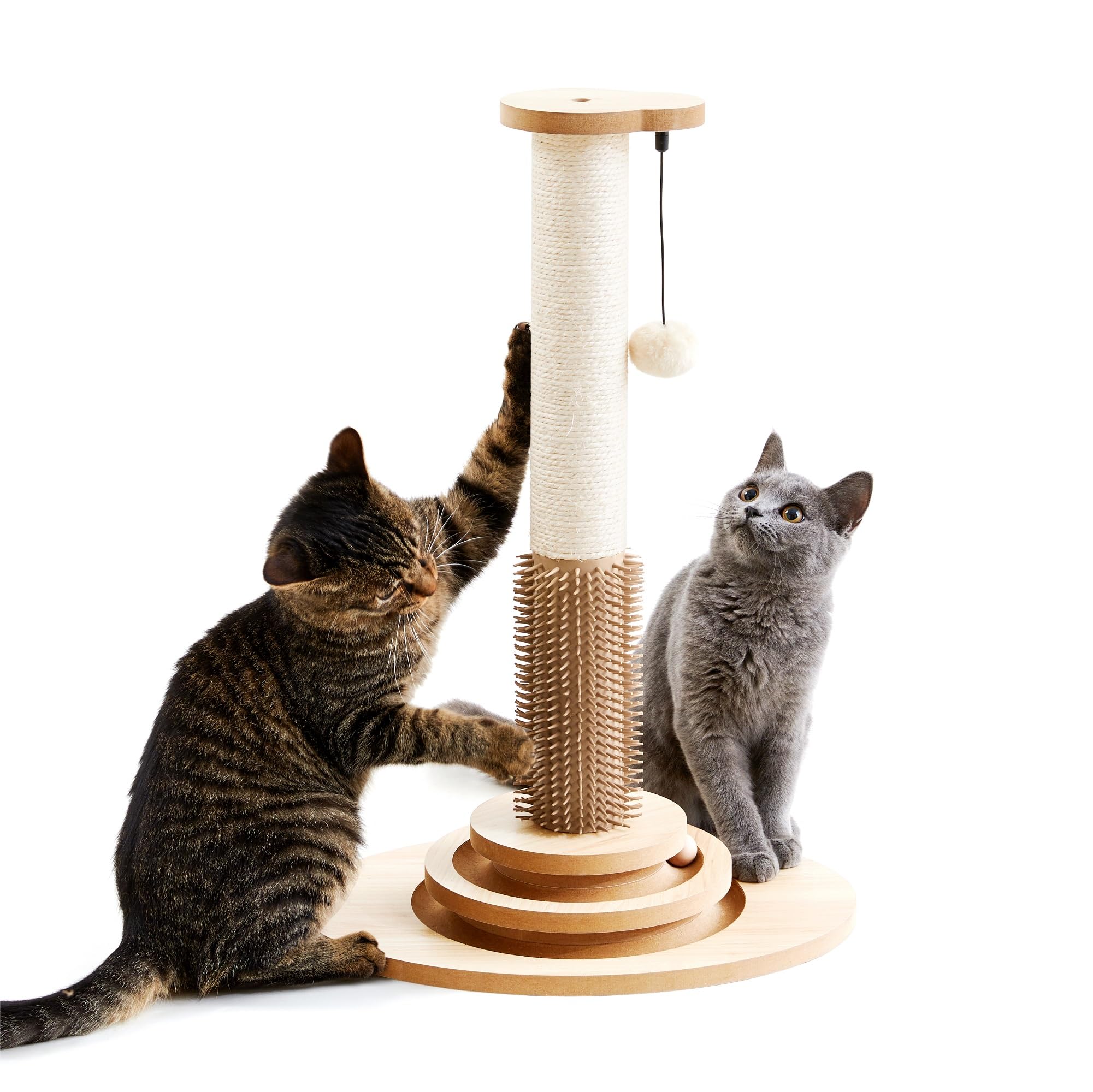 Made4Pets Cat Scratching Post, 23" Tall Sisal Cat Scratcher Post with Cat Self Groomer, 4-in-1 Interactive Trackball Toys with Cat Hair Brush, Vertical Cat Climbing Tree with Dangling Plush Balls