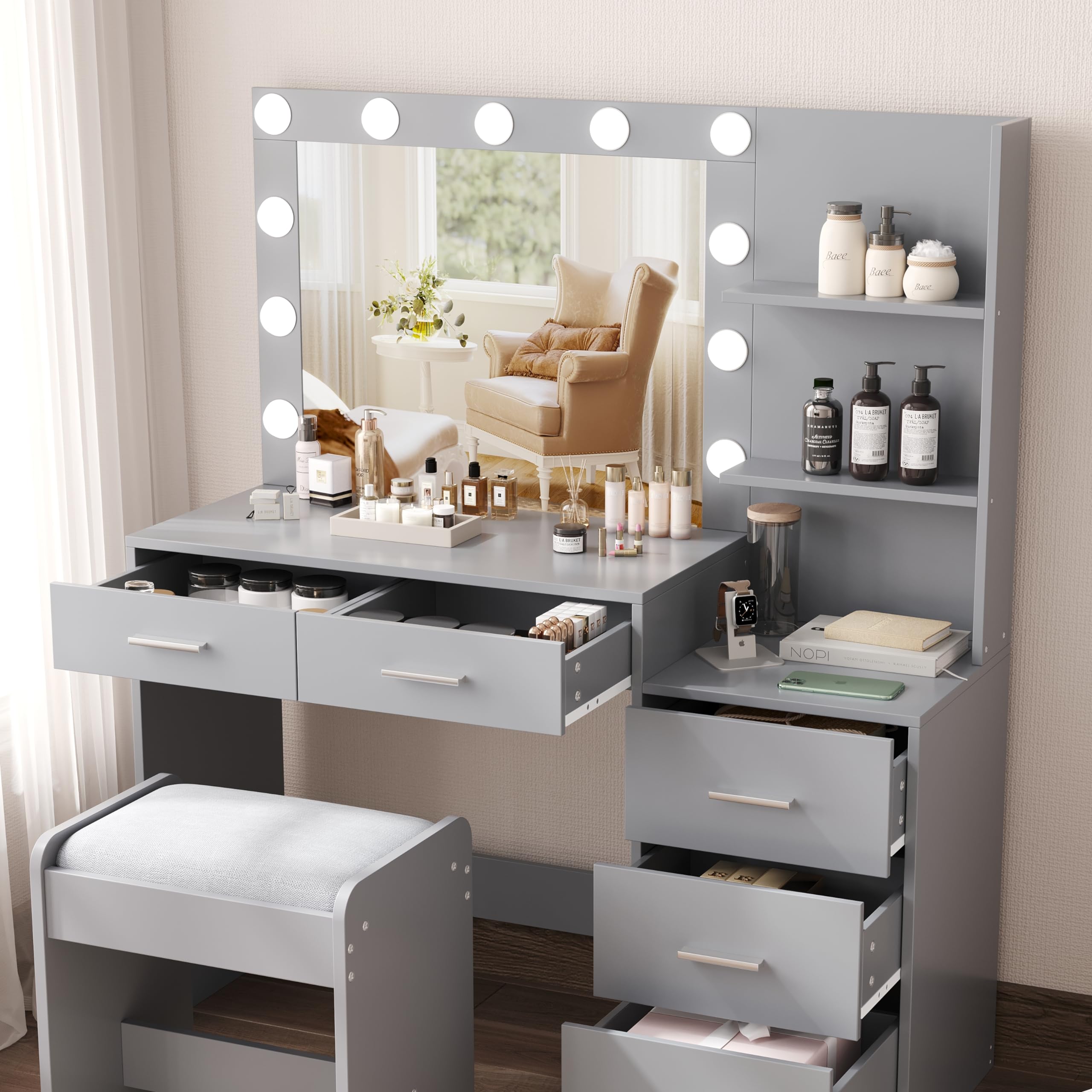 Rovaurx 46.7" Makeup Vanity Table with Lighted Mirror, Large Vanity Desk with Storage Shelf & 5 Drawers, Bedroom Dressing Table, 11 LED Lights, Gray