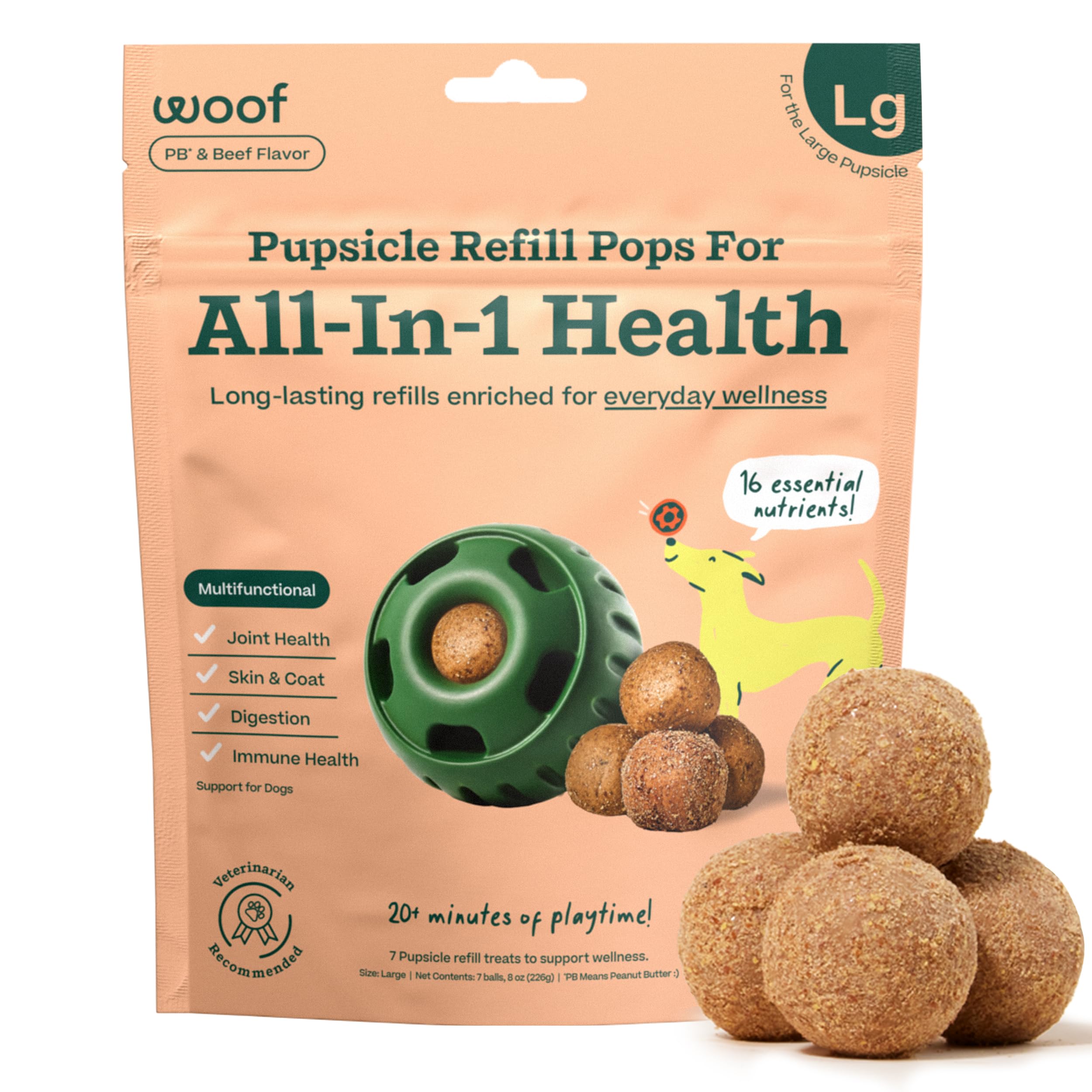 WOOF Pupsicle Refill Pops for All-in-1 Health - Long-Lasting Multivitamin Refills for The Pupsicle Toy - with Vitamins A, B, D, Iron, Magnesium, and Fiber - Large Pops - 7 Count