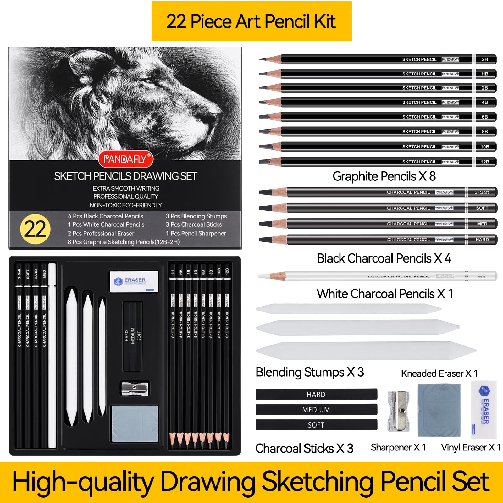 PANDAFLY Drawing Sketching Pencil Set, 22 Piece Pro Art Pencil Kit - Graphite Pencils (12B-2H), Black and White Charcoal Pencils, Charcoal Sticks, Stumps, Eraser, Sharpeners