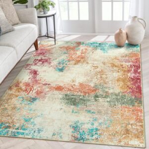 lahome modern abstract area rugs 5x7,washable colorful rugs for bedroom aesthetic,low-pile soft carpet indoor non-slip rug for living room bathroom playroom entryway,(red/multicolor)