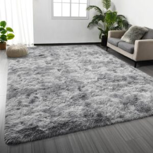 deerhoo large shag area rugs 6 x 9, tie-dyed plush fuzzy rugs for living room, ultra soft fluffy furry rugs for bedroom, indoor carpet nursery rugs for kids room home decor, light grey