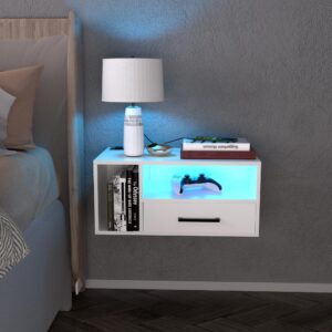 Homaterial Floating Nightstand with Charging Station and LED Lights, Floating Bedside Table with Drawers Wall Mounted Nightstands,for Bedroom Room, 21.3" x 11.8" x 10",White