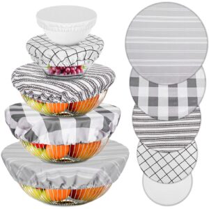 whaline 10pcs bowl covers reusable in 5 size stretch cloth fabric dish cover farmhouse plaid gray ticking stripe lids for food fruits leftover storage