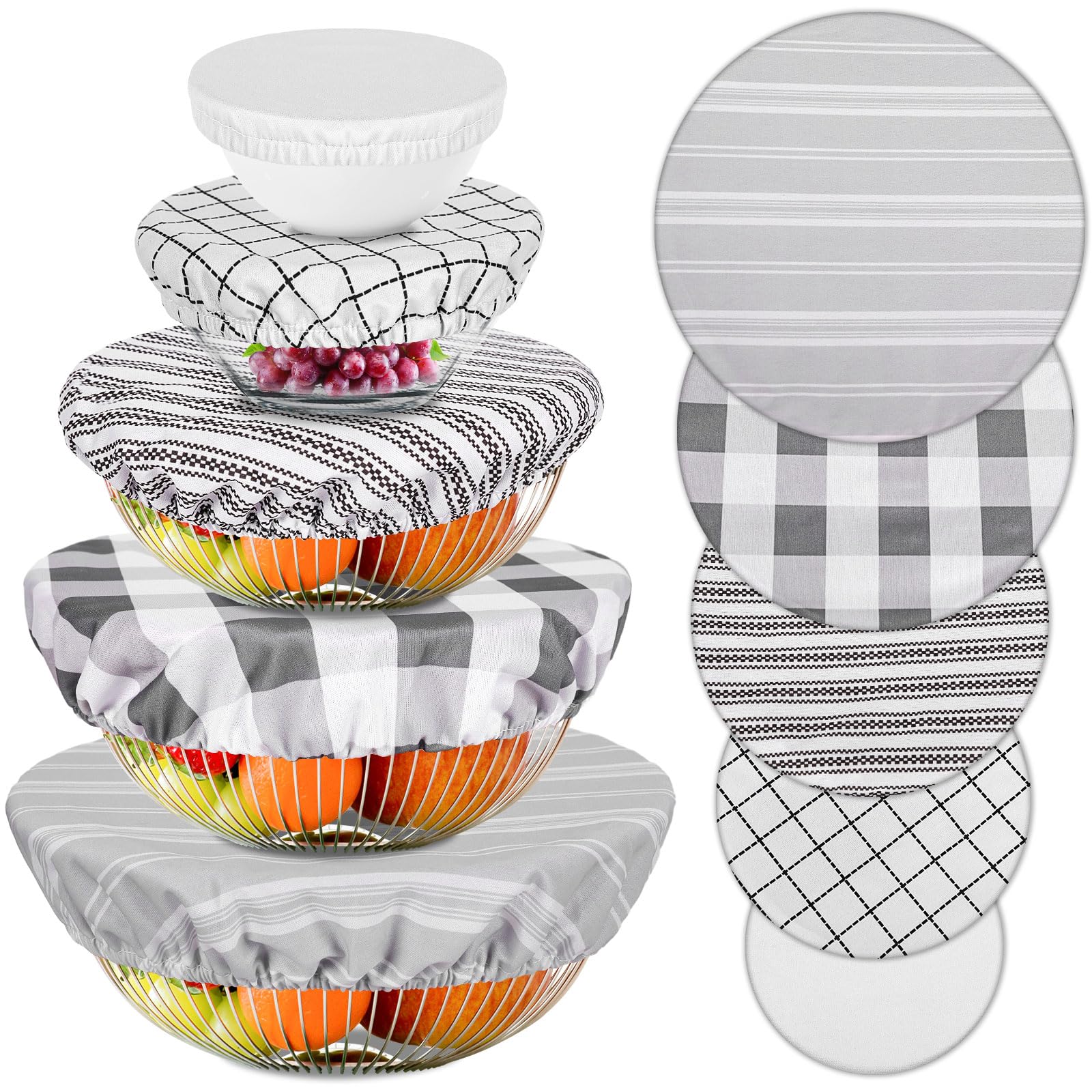 Whaline 10Pcs Bowl Covers Reusable In 5 Size Stretch Cloth Fabric Dish Cover Farmhouse Plaid Gray Ticking Stripe Lids for Food Fruits Leftover Storage