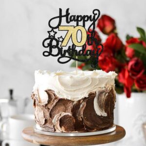 1Pc Happy 70th Birthday Cake Topper Glitter Cheers to 70 Years Cake Topper 70 Fabulous Cake Decoration for Happy 70th Birthday Anniversary Party Cake Decorations Supplies Black Gold