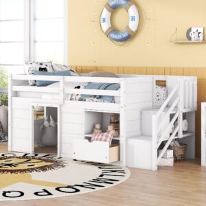 Harper & Bright Designs Twin Size Low Loft Bed with Storage,Wood Kids Loft Bed with Stairs,Loft Bed Twin with Shelf and Drawer Underneath,Space-Saving Twin Bed for Girls Boys,White