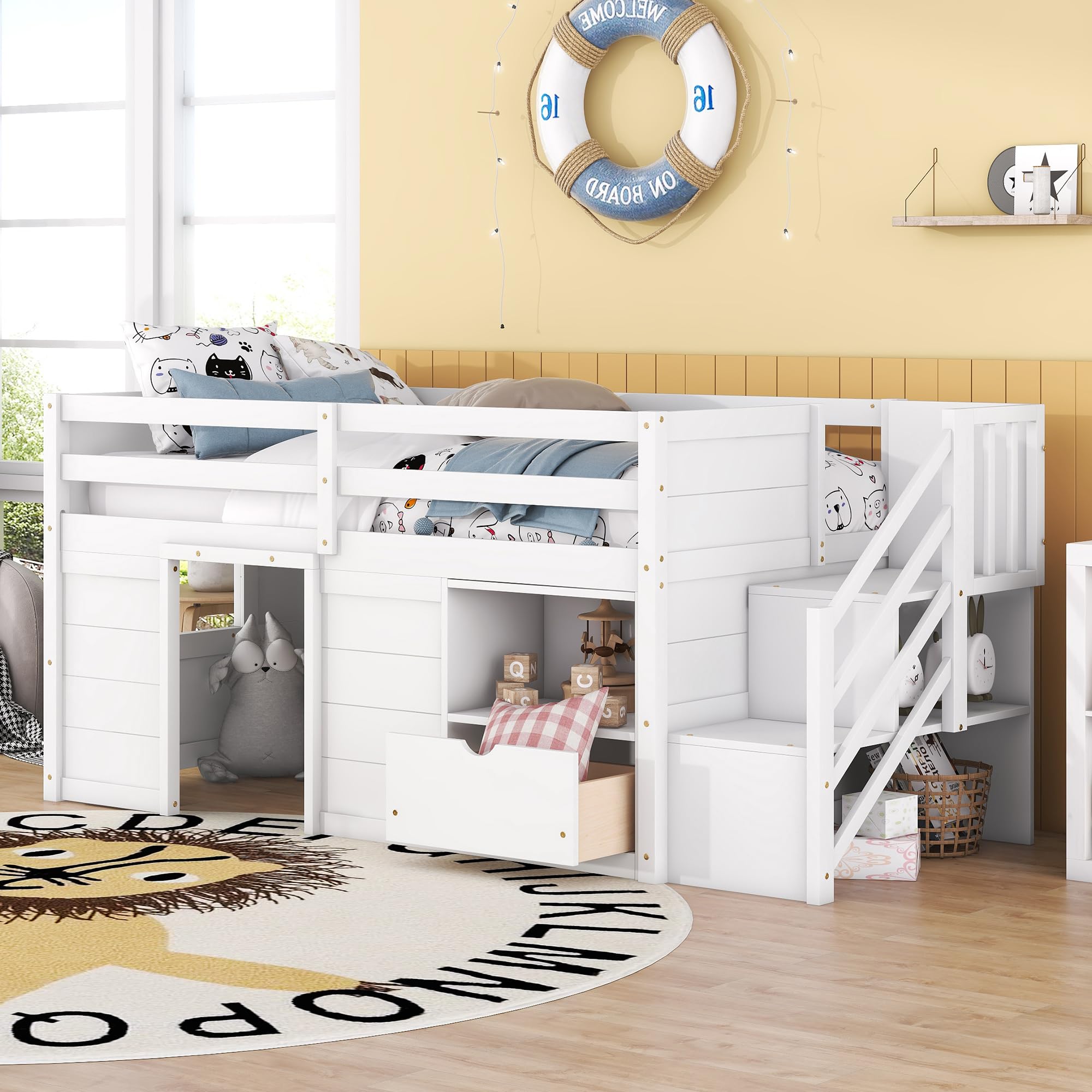 Harper & Bright Designs Twin Size Low Loft Bed with Storage,Wood Kids Loft Bed with Stairs,Loft Bed Twin with Shelf and Drawer Underneath,Space-Saving Twin Bed for Girls Boys,White