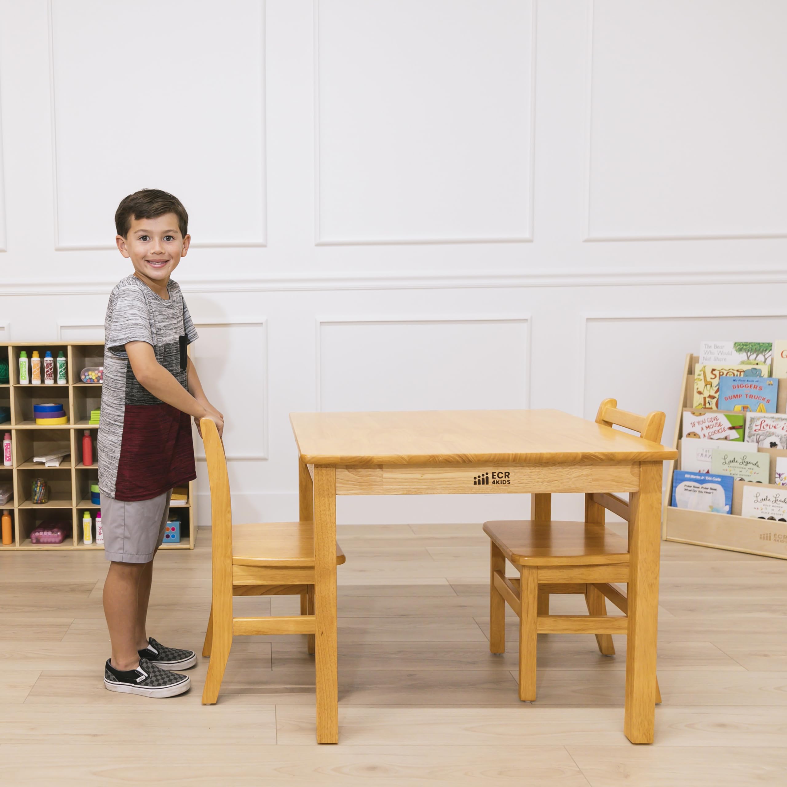 ECR4Kids 30in D Square Hardwood Table with 24in Legs and Two 14in Chairs, Kids Furniture, Honey