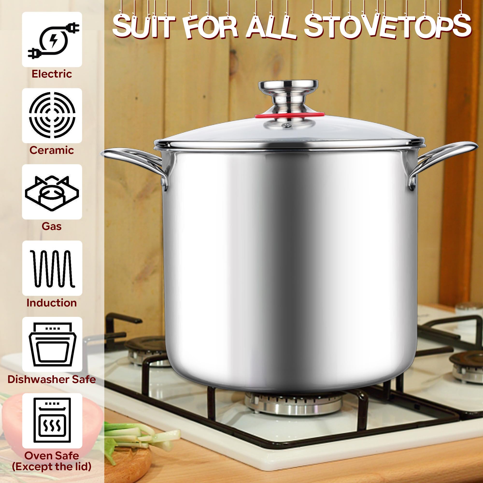 E-far 12 Quart Stock Pot with Lid, Large Stainless Steel Stockpot for Induction Ceramic Gas Stoves, 18/10 Tri-ply Cooking Pot for Soup Stewing Simmering Canning, Heavy Duty & Dishwasher Safe