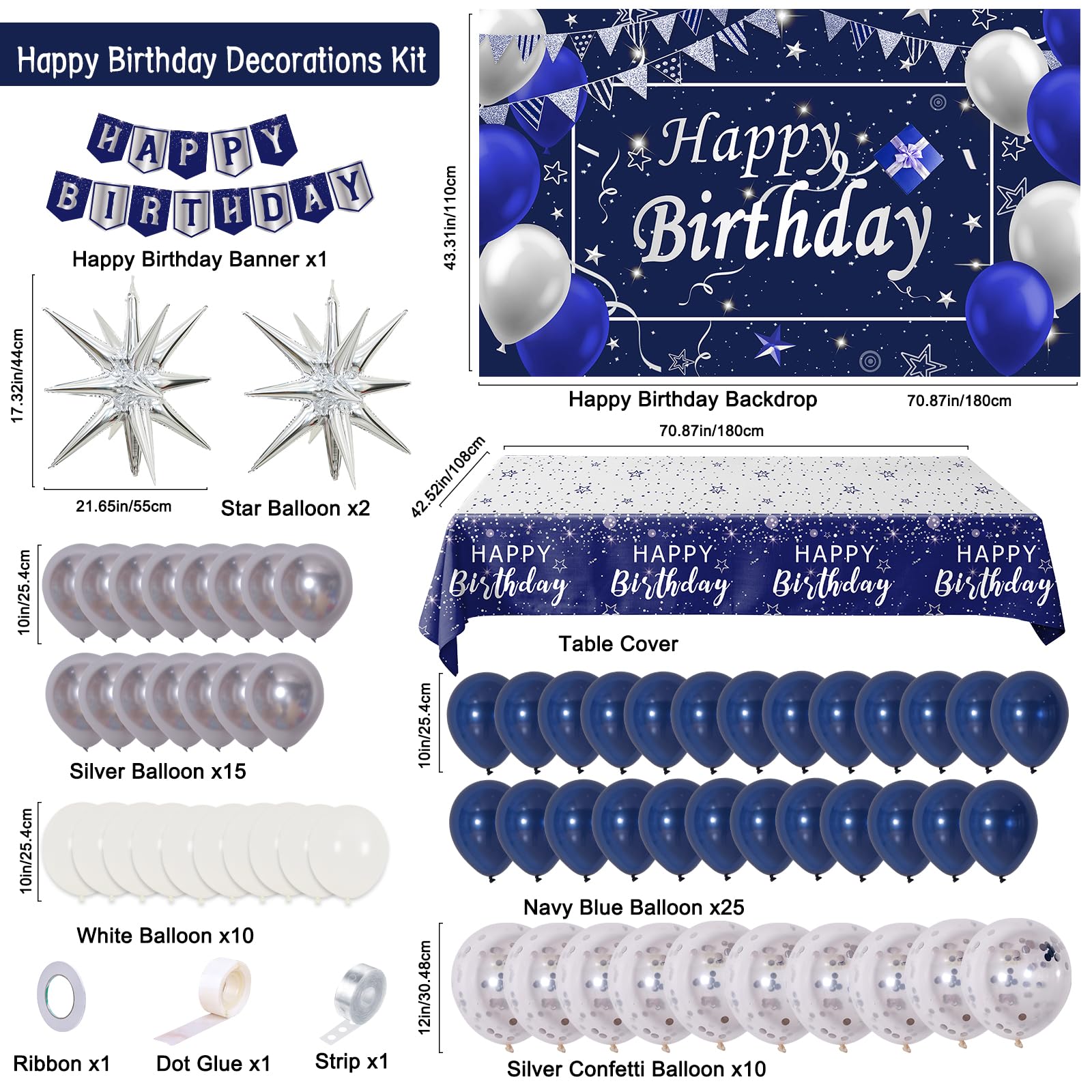 Navy Blue Birthday Decorations for Men Boys Women Girls, 80 PCS Blue and Silver Party Decorations, Happy Birthday Backdrop Banner Party Supplies Blue Silver Confetti Star Balloons Arch Tablecloth