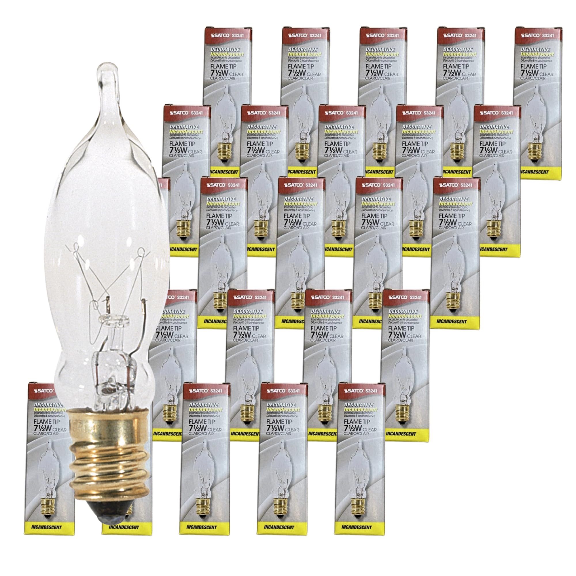 Satco S3241, 7 1/2W CAND Turn TIP CLR, 7.5 Watt CA5 Incandescent; Clear; 1500 Average Rated Hours; 40 Lumens; Candelabra Decorative Light Base; 120 Volt (25 Light Bulbs)