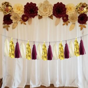 15PCS Burgundy Maroon Gold Beige Party Tissue Tassel Garland Hanging Banner Streamers Graduation Fall Bridal Baby Shower Wedding Birthday Nursery Classroom Décor