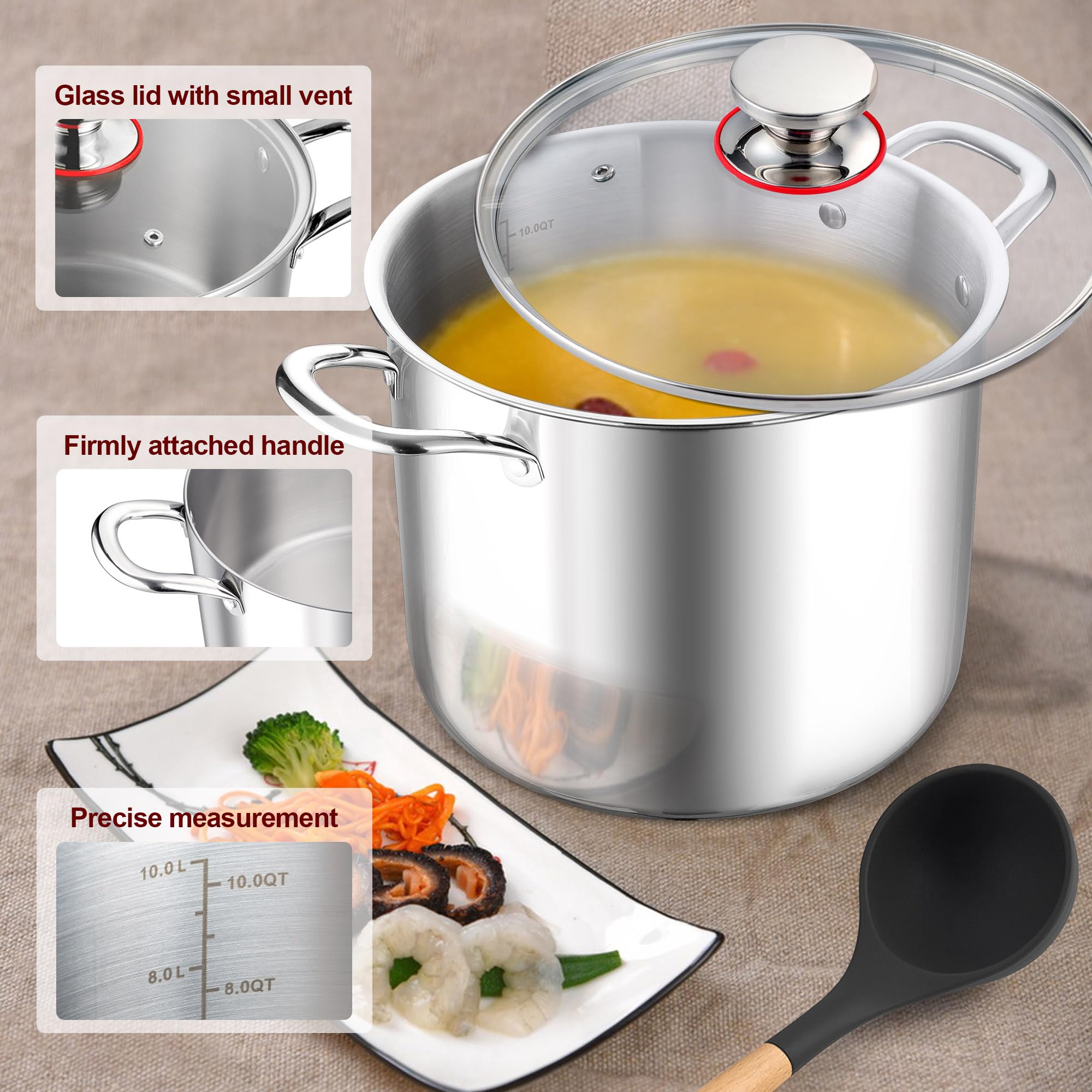 E-far 12 Quart Stock Pot with Lid, Large Stainless Steel Stockpot for Induction Ceramic Gas Stoves, 18/10 Tri-ply Cooking Pot for Soup Stewing Simmering Canning, Heavy Duty & Dishwasher Safe