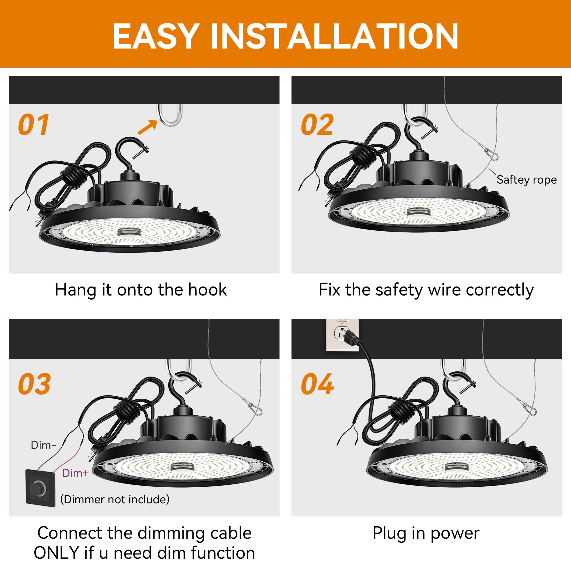 SHINEWOO UFO LED High Bay Light 240W 36,000lm 5000K Daylight, High Bay LED Shop Light 0-10V Dimmable with US Plug 5’ Cable, Commercial LED Warehouse Lights, Factory Area Lighting Fixture, 2PCS