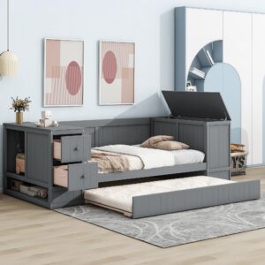 bestlm wood twin size daybed with trundle, sofa bed with storage arms, drawers and charging station for kids teens boys girls, no box spring needed, gray