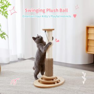 Made4Pets Cat Scratching Post, 23" Tall Sisal Cat Scratcher Post with Cat Self Groomer, 4-in-1 Interactive Trackball Toys with Cat Hair Brush, Vertical Cat Climbing Tree with Dangling Plush Balls