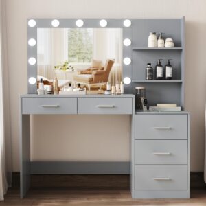 rovaurx 46.7" makeup vanity table with lighted mirror, large vanity desk with storage shelf & 5 drawers, bedroom dressing table, 11 led lights, gray