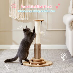 Made4Pets Cat Scratching Post, 23" Tall Sisal Cat Scratcher Post with Cat Self Groomer, 4-in-1 Interactive Trackball Toys with Cat Hair Brush, Vertical Cat Climbing Tree with Dangling Plush Balls