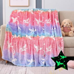 poemuphi glow in the dark throw blanket - luminous unicorn blanket birthday gift for girls 3 4 5 6 7 8 9 10 years old - soft cozy fluffy flannel unicorn throw blanket (colorful, 50"x60")