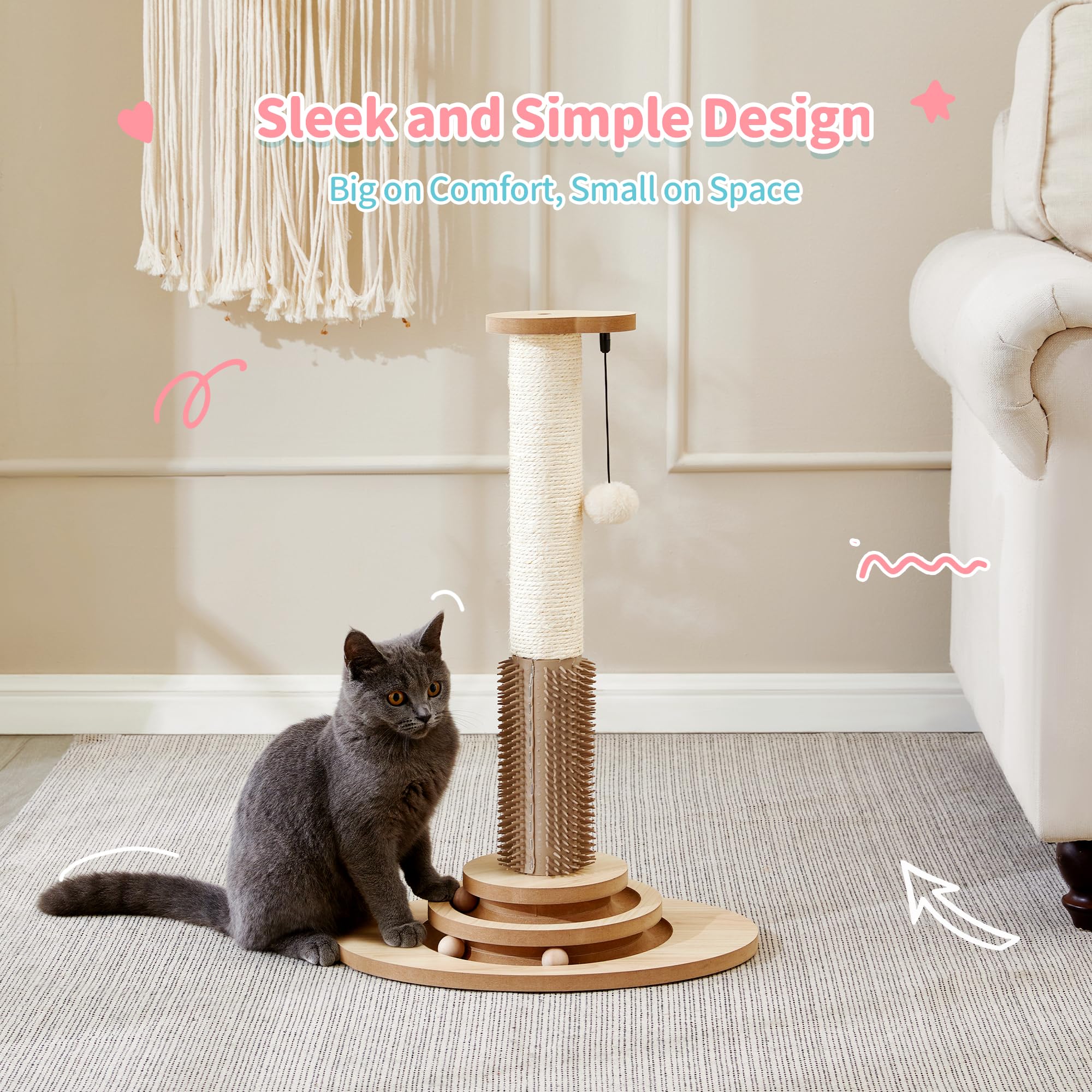 Made4Pets Cat Scratching Post, 23" Tall Sisal Cat Scratcher Post with Cat Self Groomer, 4-in-1 Interactive Trackball Toys with Cat Hair Brush, Vertical Cat Climbing Tree with Dangling Plush Balls