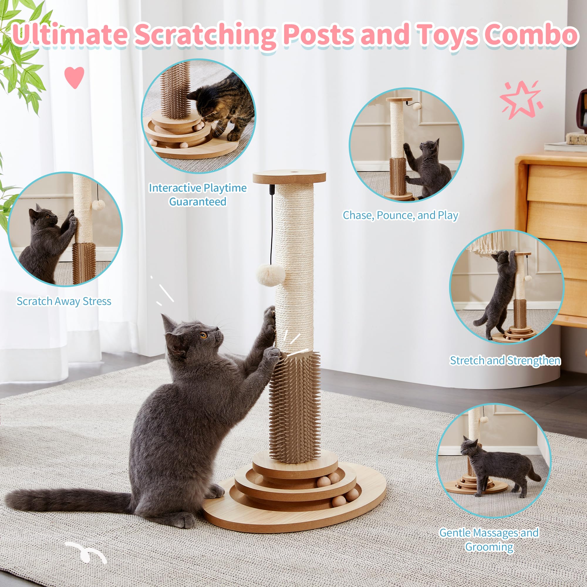 Made4Pets Cat Scratching Post, 23" Tall Sisal Cat Scratcher Post with Cat Self Groomer, 4-in-1 Interactive Trackball Toys with Cat Hair Brush, Vertical Cat Climbing Tree with Dangling Plush Balls