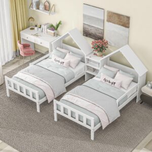 Flieks Double Twin Size Platform Bed with House-Shaped Headboard and a Built-in Nightstand, White