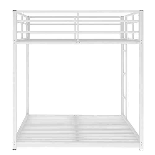 BOVZA Full Over Full Metal Bunk Bed, Low Bunk Bed with Built-in Ladder for Kids Teens Girls Boys, White