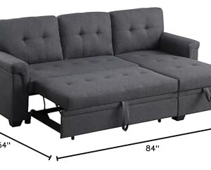 SONGG 84'' L-Shape Convertible Sleeper Sectional Sofa with Storage Chaise and Tufted Cushions, 3 Person Linen Upholstered Reversible Corner Couch w/Pull-Out Bed, for Living Room, Apartment