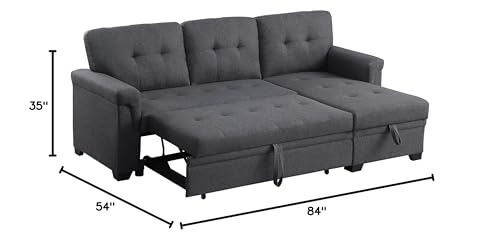 SONGG 84'' L-Shape Convertible Sleeper Sectional Sofa with Storage Chaise and Tufted Cushions, 3 Person Linen Upholstered Reversible Corner Couch w/Pull-Out Bed, for Living Room, Apartment