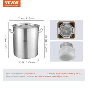 VEVOR Stainless Steel Stockpot, 42 Quart Large Cooking Pots, Cookware Sauce Pot with Strainer, Lid, and Handle, Heavy Duty Commercial Grade Stock Pot, Sanding Treatment, for Large Groups Events Silver