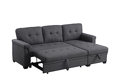 SONGG 84'' L-Shape Convertible Sleeper Sectional Sofa with Storage Chaise and Tufted Cushions, 3 Person Linen Upholstered Reversible Corner Couch w/Pull-Out Bed, for Living Room, Apartment