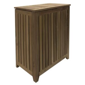 genuine teak wood spa style full size hamper, top load double hinged lid, slat panel woodgrain finish, 19.75 inch width x 11 inch depth x 26 inch tall