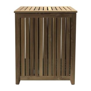 Genuine Teak Wood Spa Style Full Size Hamper, Top Load Double Hinged Lid, Slat Panel Woodgrain Finish, 19.75 Inch Width x 11 inch Depth x 26 Inch Tall