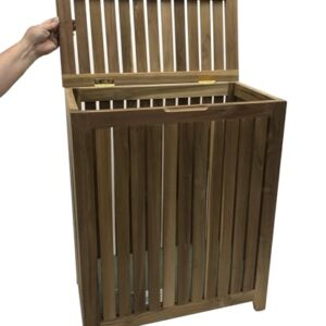 Genuine Teak Wood Spa Style Full Size Hamper, Top Load Double Hinged Lid, Slat Panel Woodgrain Finish, 19.75 Inch Width x 11 inch Depth x 26 Inch Tall