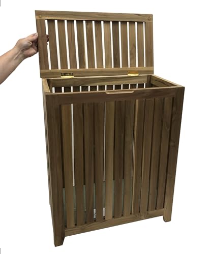 Genuine Teak Wood Spa Style Full Size Hamper, Top Load Double Hinged Lid, Slat Panel Woodgrain Finish, 19.75 Inch Width x 11 inch Depth x 26 Inch Tall